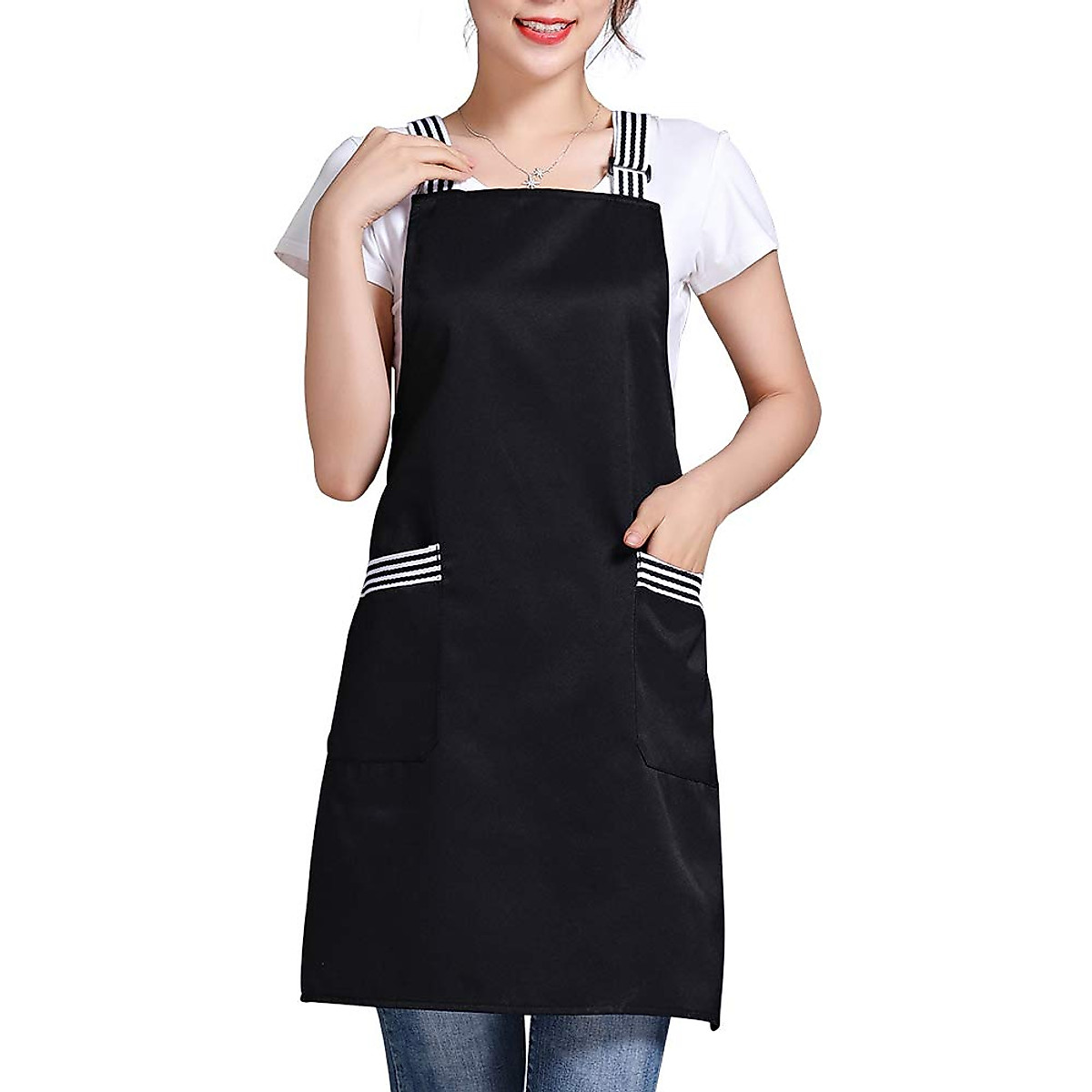 Amytalk 2Pack Crossback Apron for Women Men Chef Comfortable Adjustable Apron Waterdrop Resistant with Large Pockets for Cooking BBQ Drawing(Black)