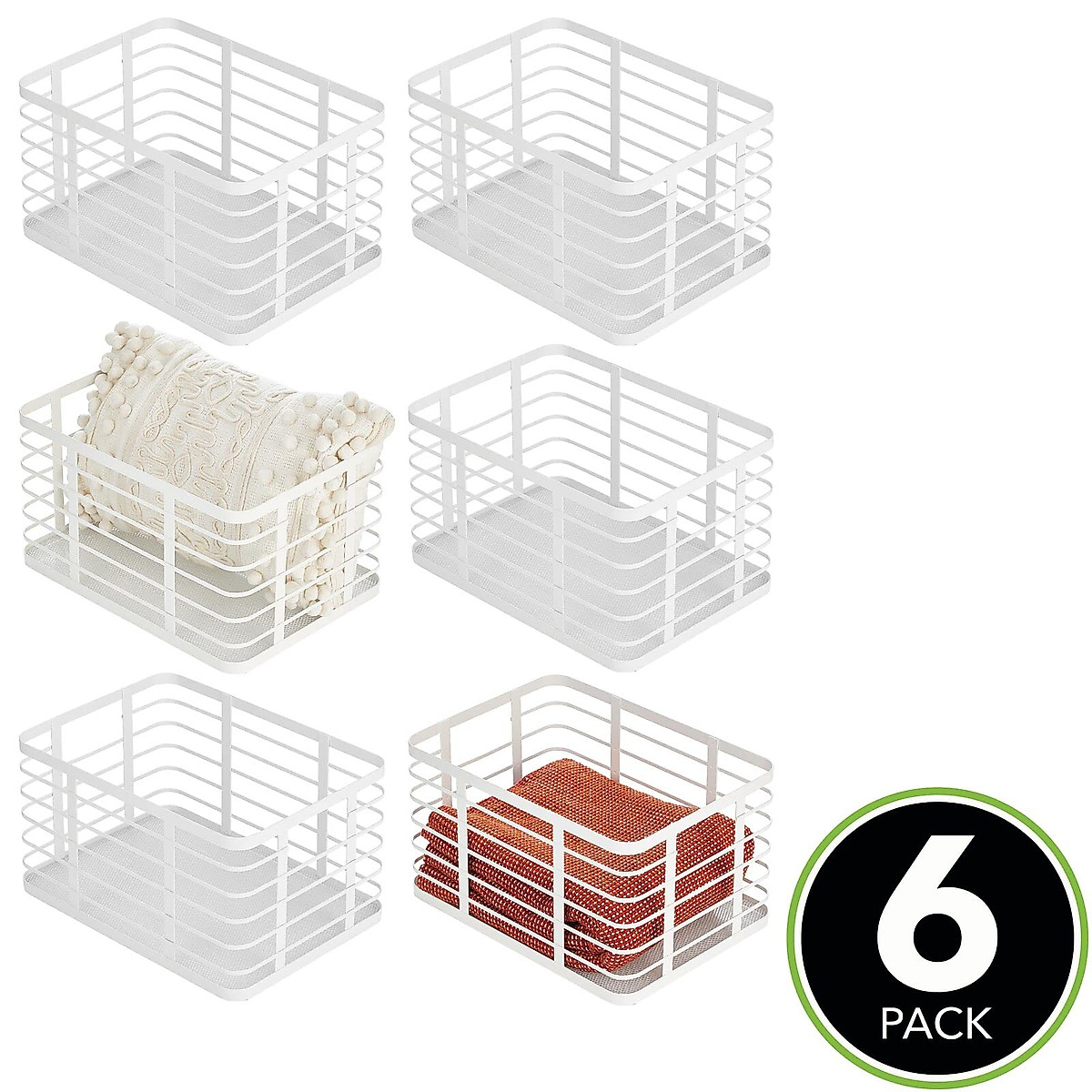 mDesign Metal Steel Wire Storage Basket Bin w/Built-in Handle, Open Top Industrial Design for Closet, Shelf Organization; Organize Clothes, Accessories, Carson Collection - 6 Pack - Matte White