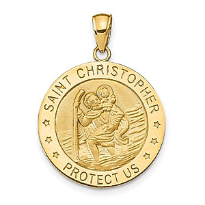 Jewelry Stores Network Saint Christopher Protect Us Words On Solid Quarter Size Round Medal Pendant in Real 14k Yellow Gold 23mm
