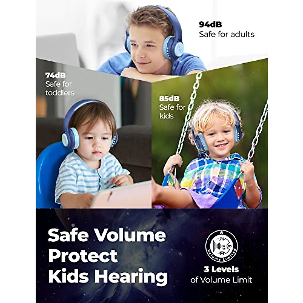 iClever TransNova Kids Bluetooth Headphones, LED Lights Up, Replaceable Plate, 74/85/94dB Volume Limited, 45H Playtime, Stereo Sound, Kids Headphones Wireless with Case for Travel iPad Tablet, Blue