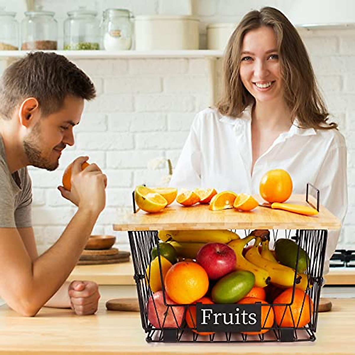 2 Pack Stackable Wire Storage Baskets with Wood Lid- Kitchen Countertop Organizer for Fruit Vegetable -Large Metal Bin for Pantry Organization and Storage, Black