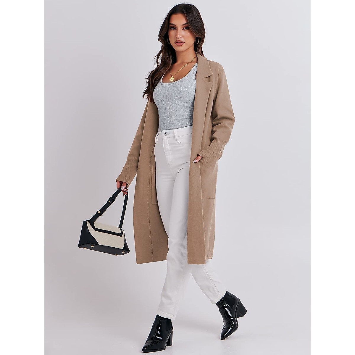ANRABESS Women Cardigan Oversized Open Front Sweater Coat Lady Blazer Jacket Fall Outwear Coatigan 2024 Trendy Outfits Khaki Medium