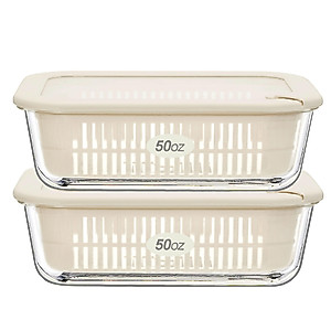 Urban Green Glass Food Storage Containers with Glass Lids, Microwave Safe Glass Food Container Set, Leakproof Glass Produce Containers with Removable Colander, Salad Storage Container, 2 Pack,