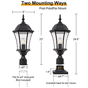 GOALPLUS 24" Aluminum Outdoor Post Light with 3" Fitter Base for Post Pole Mount, 2 Pack Black Exterior Pole Lantern Lights with Seeded Glass, Large Outside Post Lamp for Yard Garden