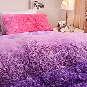 Holawakaka Pink Purple Ombre Stars Shaggy Fuzzy Duvet Cover Set Queen Size Faux Fur Bedding Sets (Pink Purple, Queen)