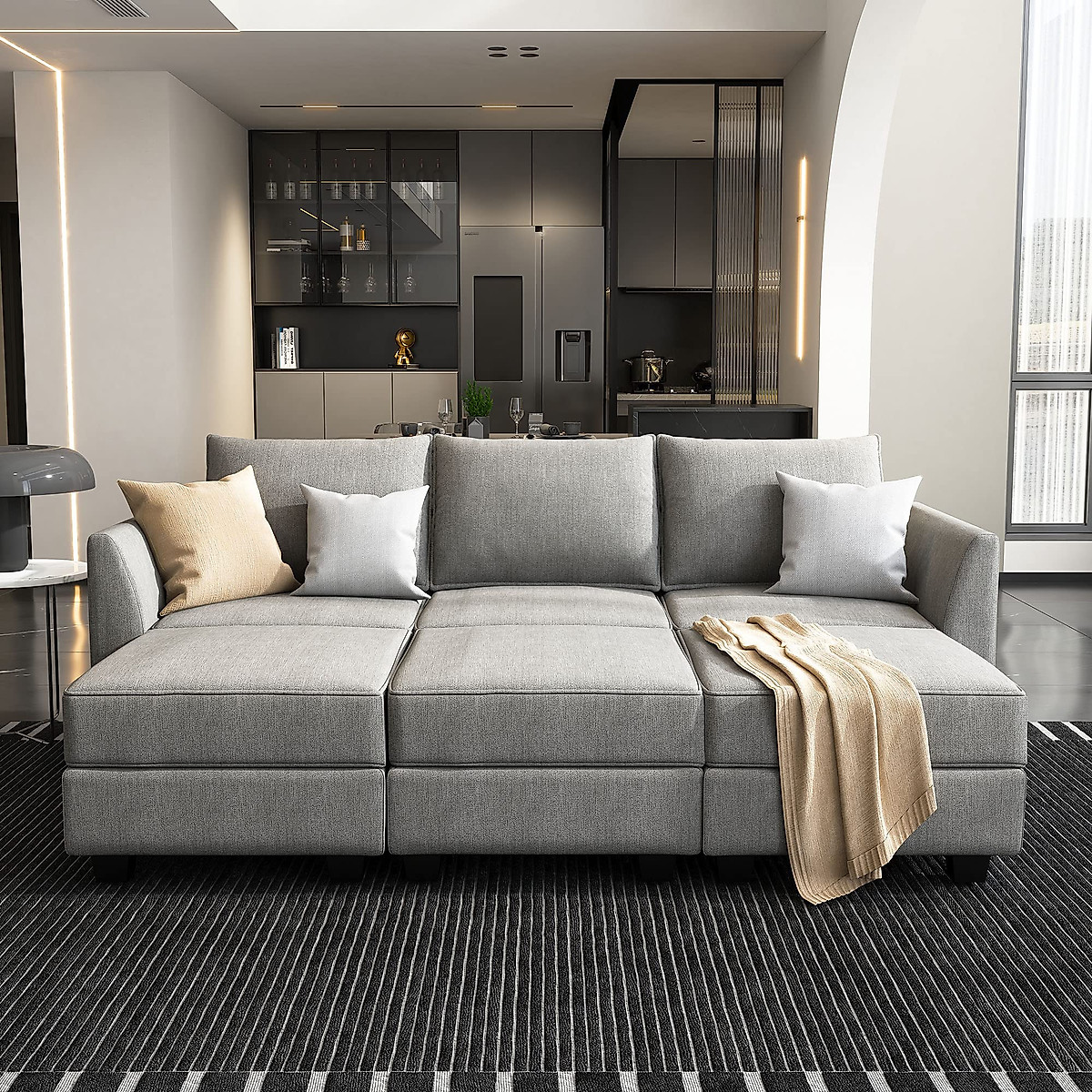 HONBAY Modular Sectional Sleeper Sofa with Storage 6 Piece Modular Sectional Couch Reversible Sleeper Sectional Couch for Living Room, Grey