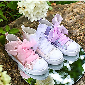 HugRain Kids Girls Sneakers Walking Shoes Bowknot Pearl Ribbon Lace Up Adorable Sparkle Glimmer Glitter Lightweight High Top Classic Non-Slip Outdoor White Size 2