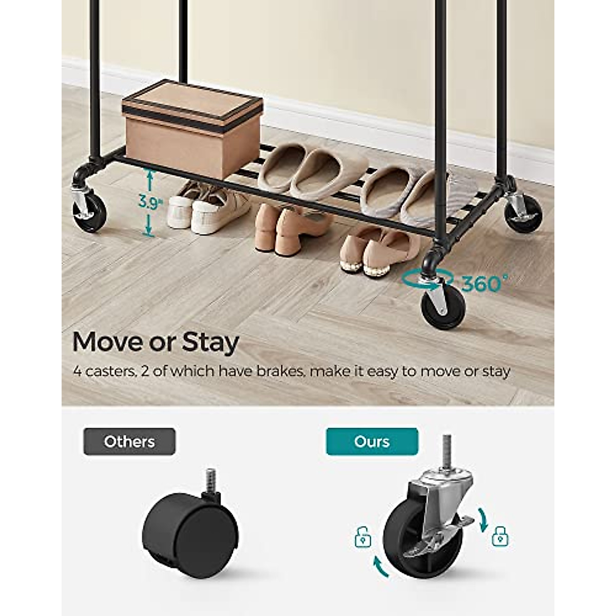 SONGMICS Heavy Duty Clothes Rack, Industrial Pipe Clothing Rack with Shelf, Double Rod Garment Rack on Wheels, Commercial Grade, for Hanging Clothes, Storage Display, Black UHSR60B