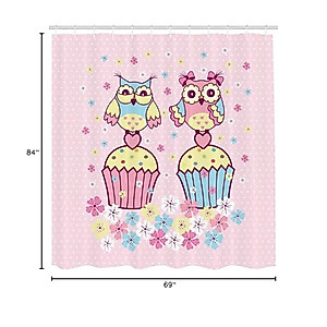 Ambesonne Owls Shower Curtain, 2 Owl Couples on Cupcakes Springtime Happiness Romantic Art, Cloth Fabric Bathroom Decor Set with Hooks, 69" W x 84" L, Pale Pink Sky Blue