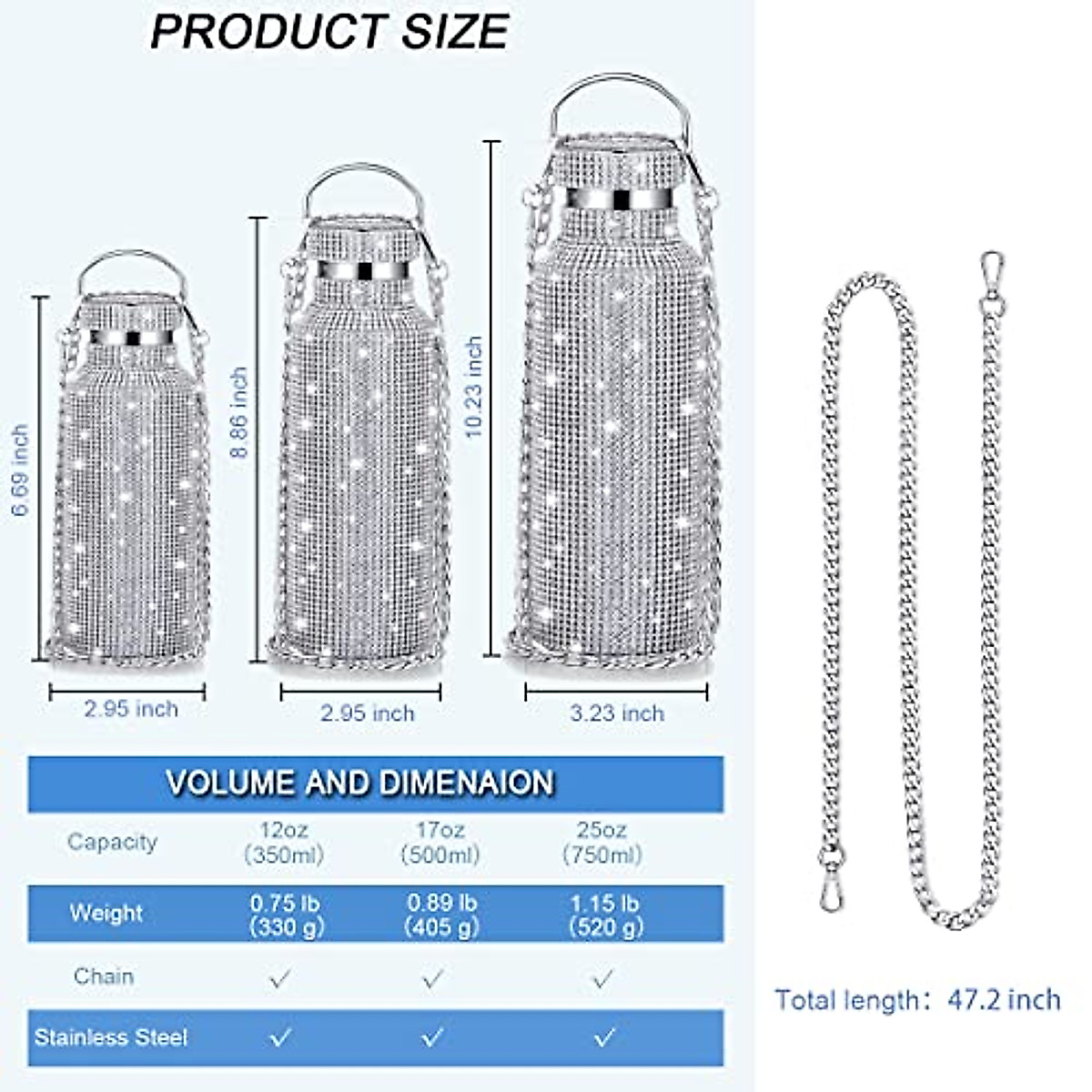 Diamond Water Bottle, Bling Rhinestone Vacuum Flask Glitter Thermos Bottles, Stainless Steel Insulated Water Bottle Refillable Water Bottle With Chain for Women Girl Gift (25oz/750ml, Silver)