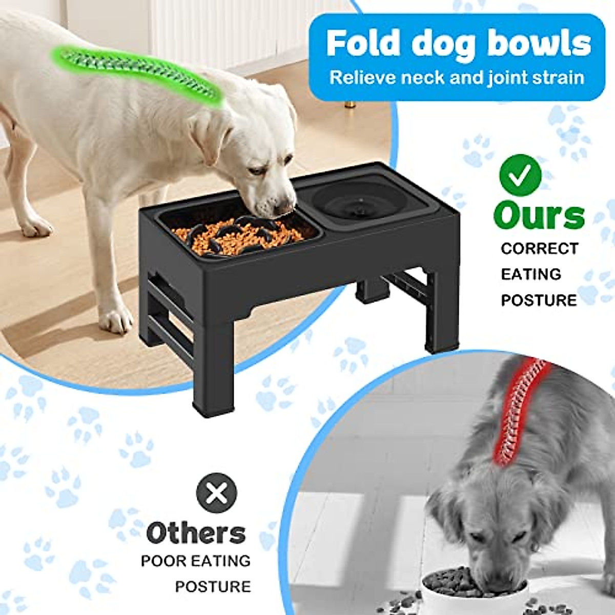 ikuso 2-in-1 Elevated Slow Feeder Dog Bowls 4 Height Adjustable Raised Dog Bowls with No Spill Water Bowl and Non-Skid Silicone Mat Non-Toxic Slow,Mess Proof,Non-Tip，Protect Dog Spine
