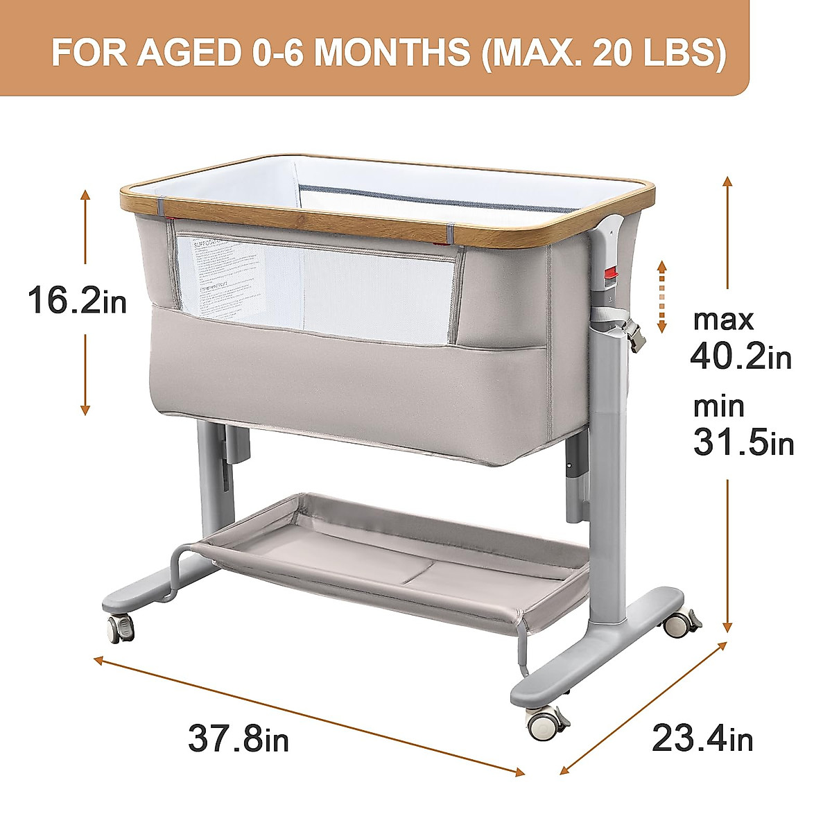 RONBEI Baby Bassinets Bedside Sleeper with Wheels 2 in 1 Easy Folding Portable bassinets with Storage Basket 10 Adjustable Height Bedside co-Sleeper for Baby Infant Newborn (Grey)