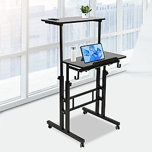 BINELUCOLU Mobile Stand Up Desk, 27.5-45.3in Height Adjustable Standing Desk with Keyboard Tray Hooks USB Interfaces& Socket Rolling Laptop Cart Computer Workstations