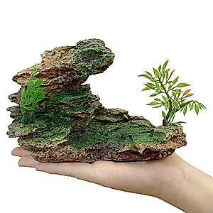 FEDOUR Aquarium Small Mountain View Stone Ornament, Moss Tree Rock Cave Landscape Artificial Fish Tank Decoration, with 6pcs Plants (Ash Browns)