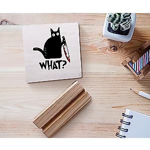 What Black Cat with Knife Wood Plaque with Wooden Stand,Halloween Black Cat Wooden Plaque Sign Desk Decor for Home Living Room Table Shelf Decorations