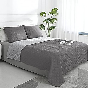 Easy-Going Full/Queen Size Reversible Quilt Set with 1 Quilt and 2 Pillow Shams, Soft Bed Quilt Cover, Lightweight Microfiber Bedspread, Water and Stain Resistant, Gray/Light Gray
