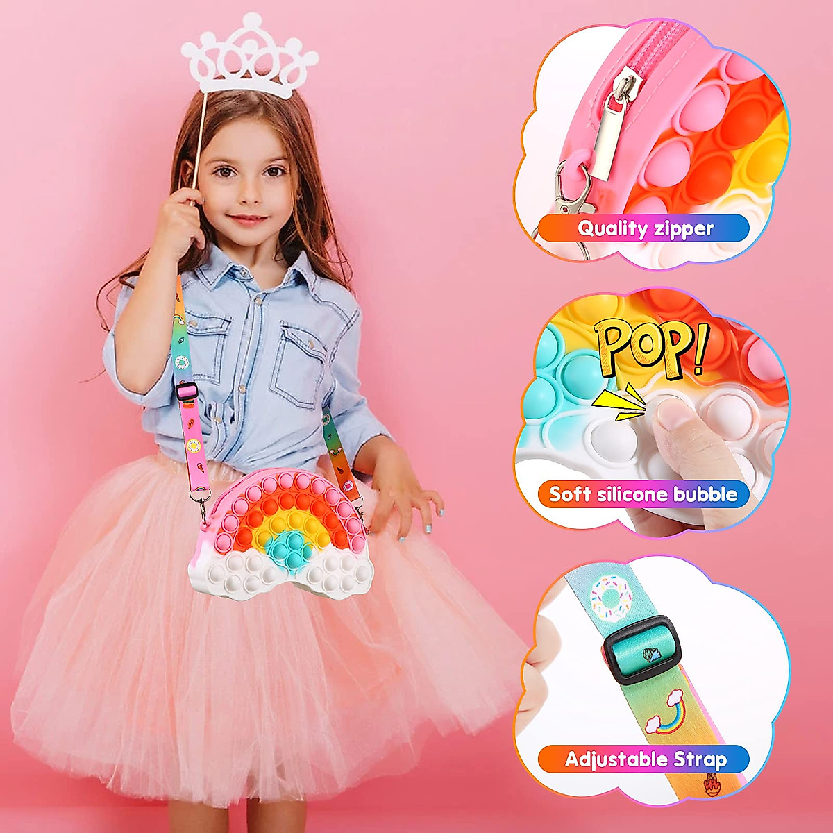 Tckoll Girls Toys Fidget Purse, Valentines Birthday Gifts Rainbow Clouds Girls Pop Purse Fidget Toy,School Supplies Teen Kids Purse Return Gifts for Girls 6-8