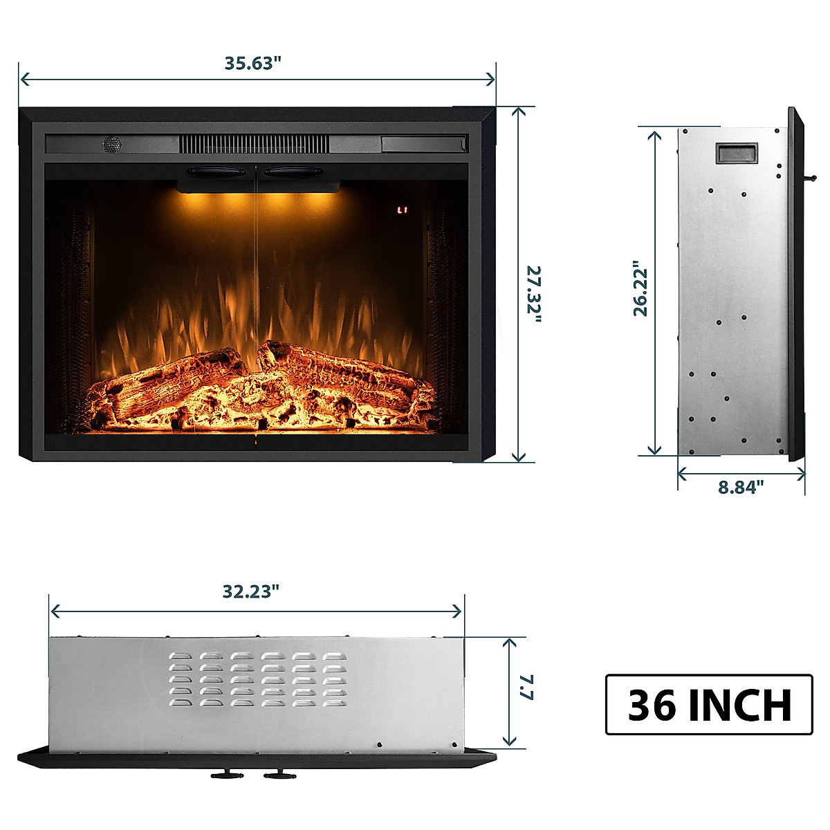 Benrocks 36” Electric Fireplace Inserts with Glass Door and Mesh Screen, Multicolor Flames & Fire Crackling Sounds, Timer, Overheating protection Fireplace Heater, 750/1500W