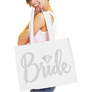 Bride Tote Bag, Bride Kit- Giant 18" x 14" Cotton Canvas White Totes with Diamond Motif Rhinestones, Engagement or Bridal Shower Gift & Accessories Bride Tote - White Tote(DiaBride RS) WHT