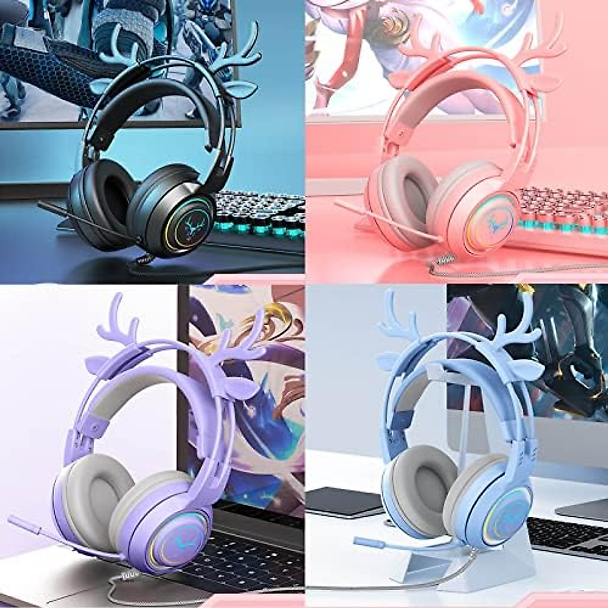 Atrasee Stereo Gaming Headset for PS4 PC Xbox One PS5 Controller, Noise Cancelling Over Ear Headphones with Mic, LED Light, Bass Surround, Soft Memory Earmuffs for Laptop Mac Nintendo (Blue Antlers)
