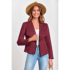 PRETTYGARDEN Women Cropped Jackets 2024 Fall Long Sleeve Faux Suede Leather Coats with Pockets (Wine Red,Large)