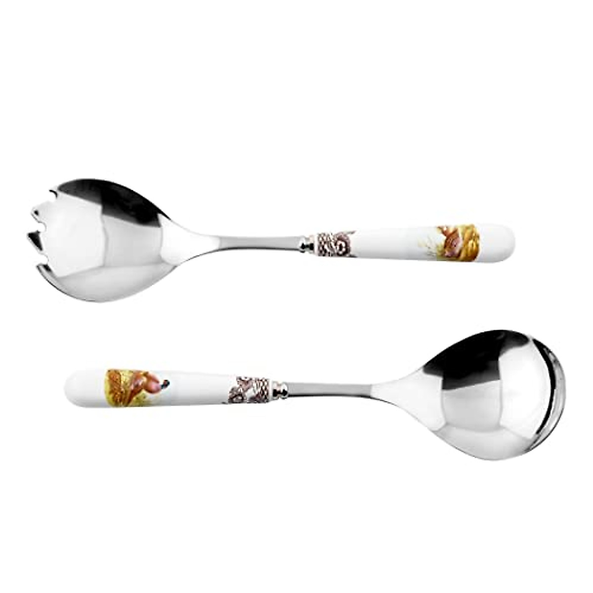 Spode Woodland Salad Servers | Salad Serving Utensils (Pheasant/Quail/Pintail Duck) | Salad Spoons with Porcelain Handles, Set of 2