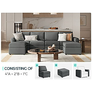 LINSY HOME Modular Sectional Sofa, Convertible U Shaped Sofa Couch with Storage, Memory Foam, Modular Sectionals with Ottomans, 6 Seat Sofa Couch with Chaise for Living Room, Dark Grey