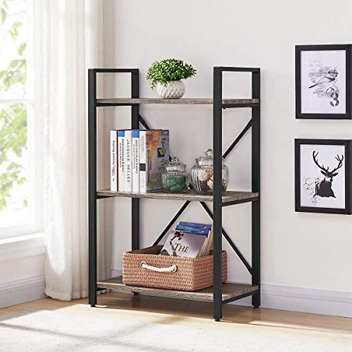 BON AUGURE Small 3 Tier Bookshelf, Rustic Industrial Book Shelf, Short Wood Metal Standing Etagere Bookcase for Living Room, Bedroom and Office (Dark Gray Oak)