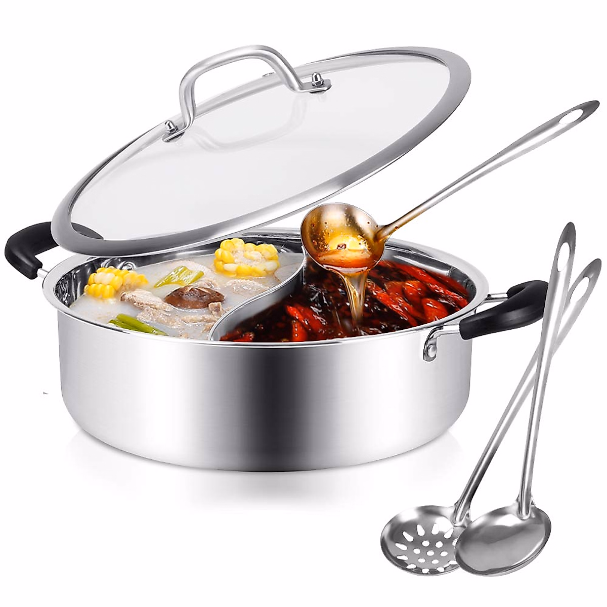 Hot Pot with Divider Stainless Steel Shabu Shabu Pot for Induction Cooktop Gas Stove 11’’ Suitable for 2-3 Person (11 inch)