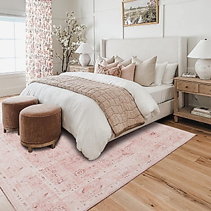 Light Pink Rug 5x7 for Living Room,Machine Washable Girls Room Rug for Nursery Bedroom,Blush Pink Super Soft Faux Wool Boho Floral Carpet 5 by 7