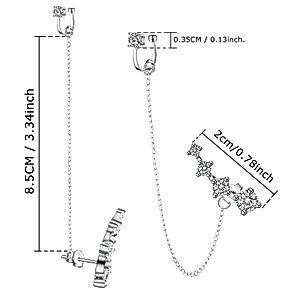 CZ 925 Sterling Silver 14K Gold Plated Ear Crawler Hypoallergenic 4 Crystals Stud Earring with Chain Threader Earrings for Women (White Gold)