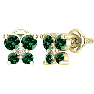 Dazzlingrock Collection 5 Stone Round Lab Grown Emerald and Accent Round Natural White Diamond Elegant Butterfly Shape Screw Back stud Earrings for Women, 14K Yellow Gold