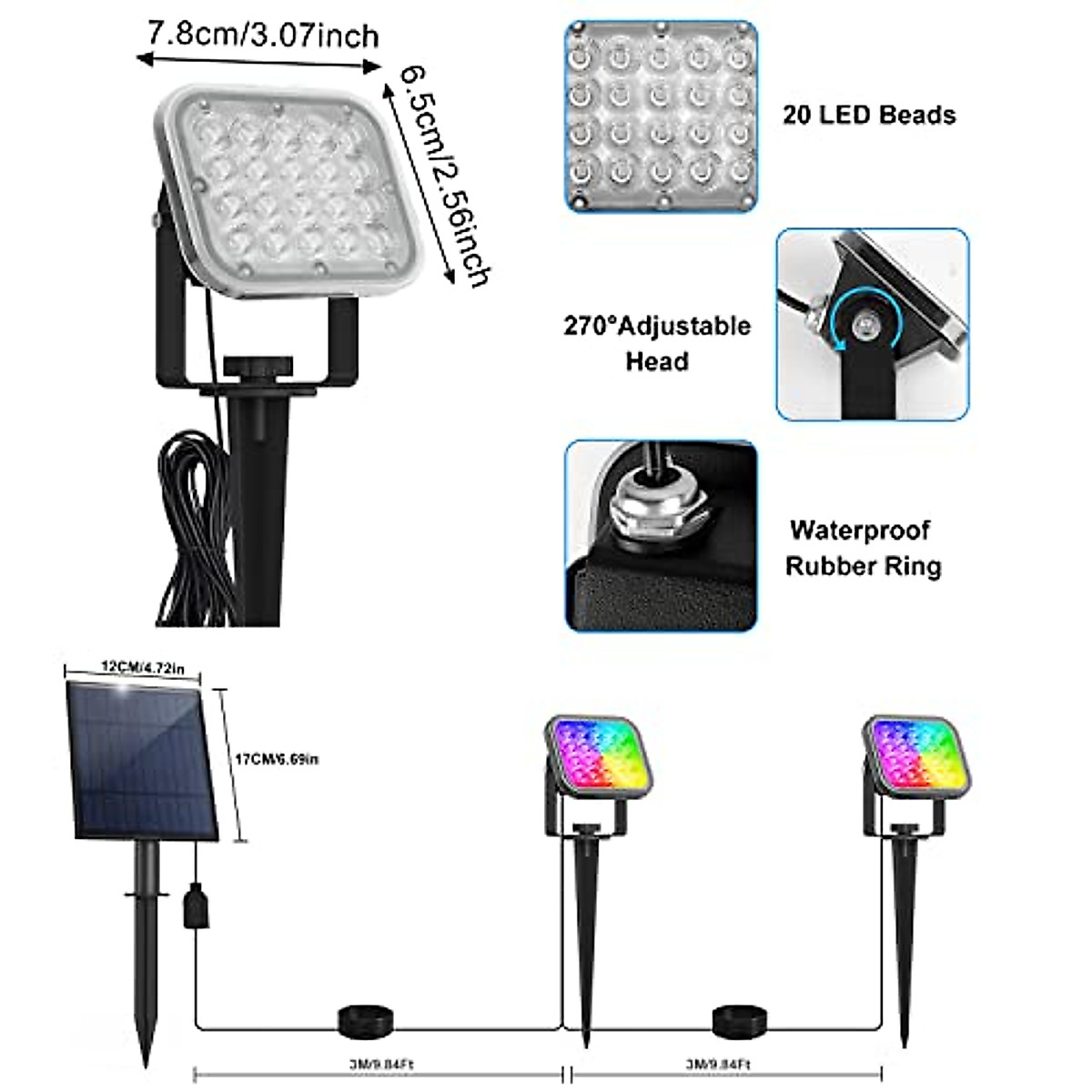 T-SUN RGB Solar Spotlight Outdoor, Color Changing Spot Lights IP65 Waterproof Garden Lights Lawn Light Outdoor Spotlight Auto On/Off for Garden Yard Lawn Path 2 in 1
