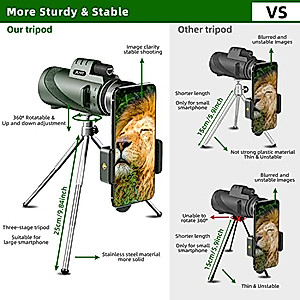 JLHT 40X60 Monocular Telescope High Power Monocular for Adults with Phone Adapter& Tripod& Hand Strap Low Night Vision Monocular Equipped with BAK4 Prism for Bird Watching Hunting Traveling Concert