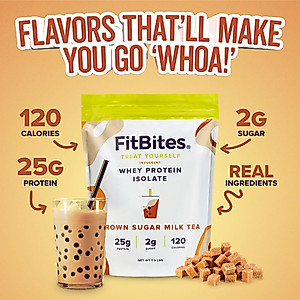 FitBites Boba Tea Protein Whey Protein Isolate (Brown Sugar Milk Tea), 5.9g BCAAs, Gluten Free, Zero, Sugar, Bubble Tea Protein Powder