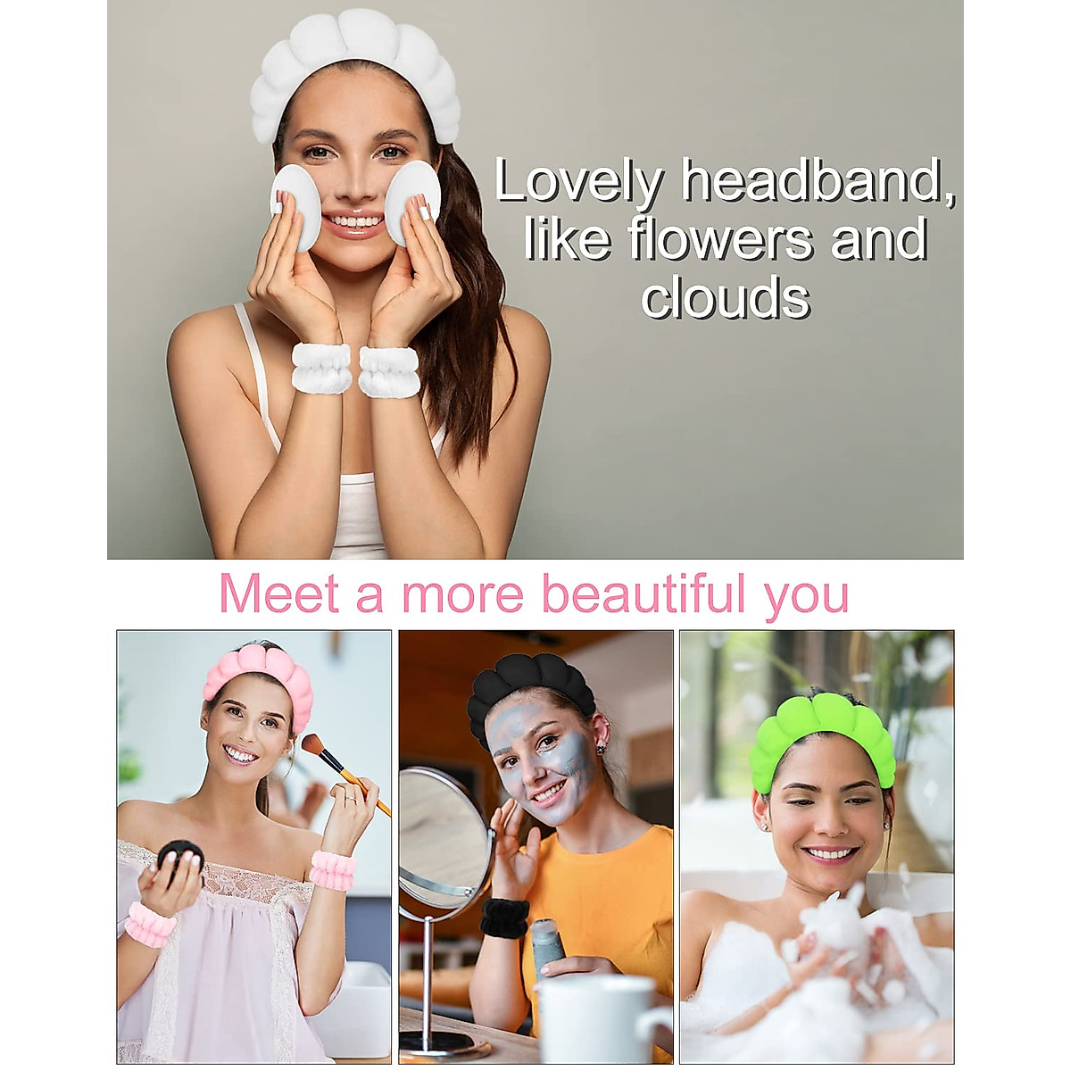 PGRODE 5Pcs Black Sponge Spa Headband for Women Face Washing, Makeup Headband and Wristband Set Come with 2 Reusable Makeup Remover Pads for Washing Face (Black)