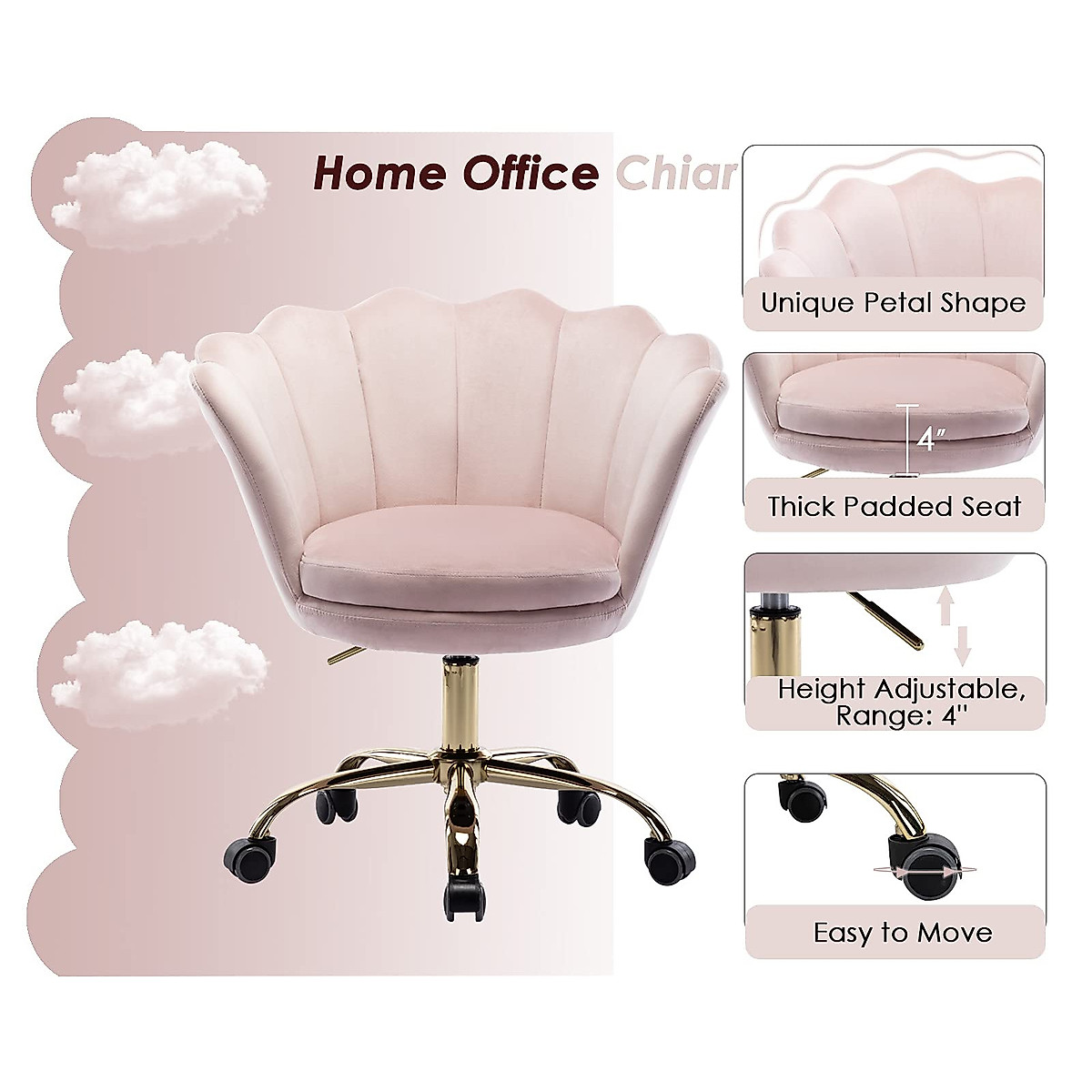 CIMOTA Desk Chair Velvet Cute Adjustable Vanity Chair Modern Home Office Chair Scalloped Task Chair with Wheels for Teens Adults Bedroom/Study/Make Up/Computer Room, Light Pink