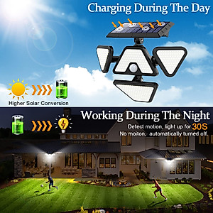 Luposwiten Solar Outdoor Lights, 4 Heads Motion Sensor Outdoor Lights IP65 Waterproof Solar Flood Lights Outdoor 302 LED Outdoor Solar Lights for Yard, Garage, Garden, Patio, Front Door (2 Packs)