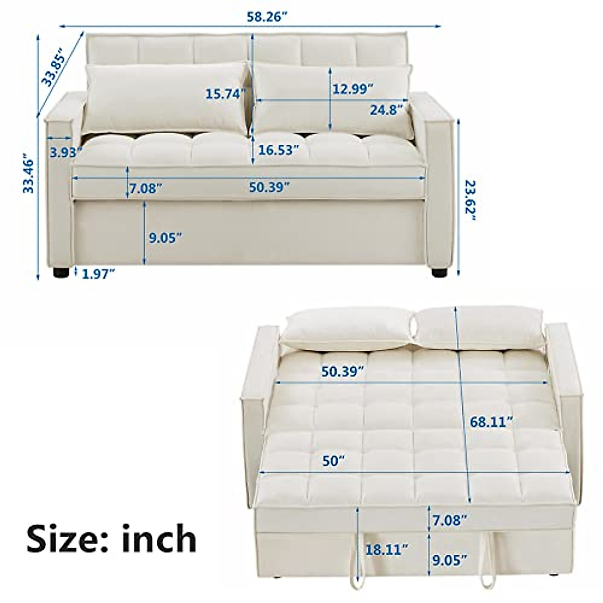 Infirleo Pull Out Sofa Sleeper, 3-in-1 Convertible Sleeper Sofa Bed for Living Room Apartment, 58" Velvet Sleeper Loveseat Pull Out Bed, Adjustable Backrest, 2 Pillows and Side Pockets (Beige)