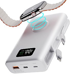 pzoz 20000mAh Portable Power Bank Powerbank Battery Pack with Apple Watch Magnetic Wireless Charger,USB Type C PD Fast Charging in Cable Travel High Capacity Compatible iWatch iPhone 15 Phone (White)