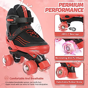 LEJIJIT Roller Skates for Kids Boys Girls Toddler Ages 3-12, Adjustable 4 Sizes for Kids and Youth Teen with Light Up Wheels, Quad Red Roller Skates for Sports (Youth 4Y-7Y)