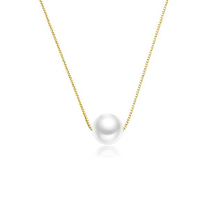 Solid 14K Yellow Gold Over 925 Silver Pearl Necklace for Women,Dainty Freshwater Cultured White Pearl Pendant Necklace,Fashion Jewelry Gift for Her (Yellow Gold, 14K Gold)