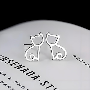 ERZA SCARLET S925 Sterling Silver Cat Stud Earrings for Women - Hypoallergenic Hollow Out Cat Stud Earrings for Women