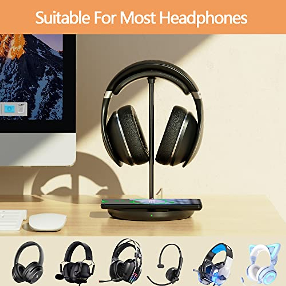Headphone Stand with Wireless Charger, Gaming Headset Holder Hanger Rack 2 in 1 Wireless Charging Station Dock for iPhone 14/13/12/11 Series, Samsung, AirPods Pro/3/2 and Desk All Headphones, Black