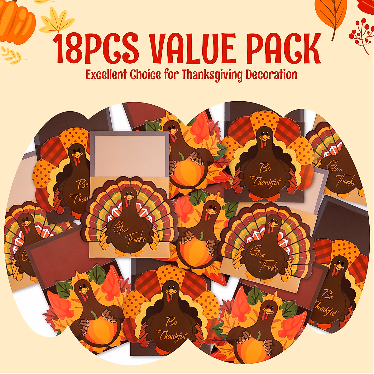 JOYIN 18PCS Thanksgiving Cutlery Holders Set, Thanksgiving Turkey Utensil Décor, Autumn Fall Harvest Party Supplies, ThankYou Cards,Table Decoration, Thanksgiving Party Favors,Thanksgiving Decorations