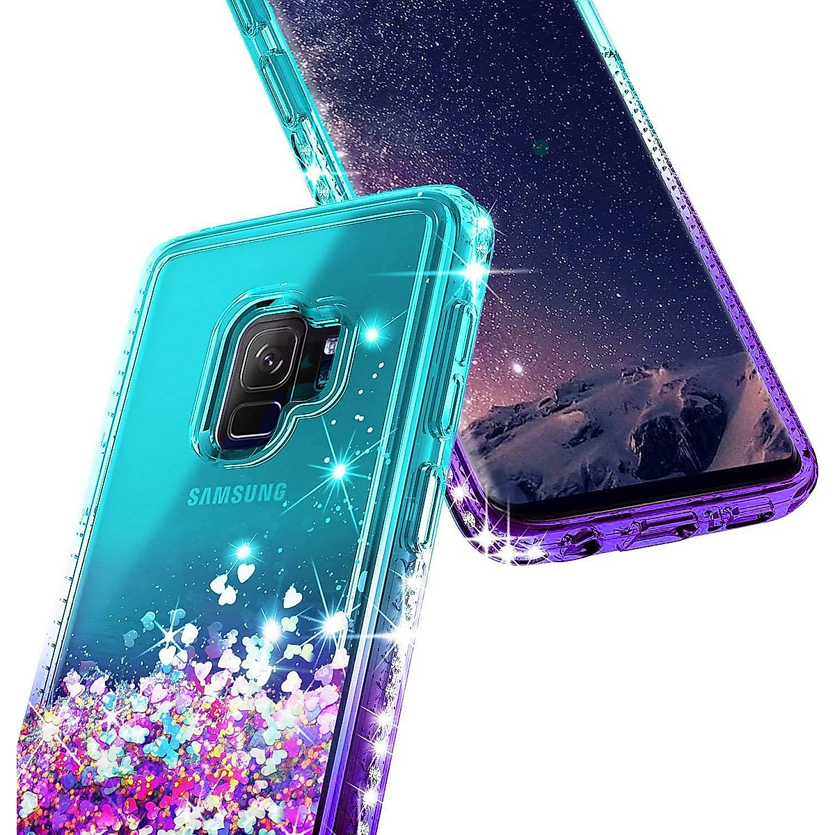E-Began Case for Samsung Galaxy S9 with Screen Protector (Maximum Coverage, Flexible TPU Film), Ring Holder/Wrist Strap, Glitter Flowing Liquid Girls Women Kids Cute Case (Aqua/Purple)