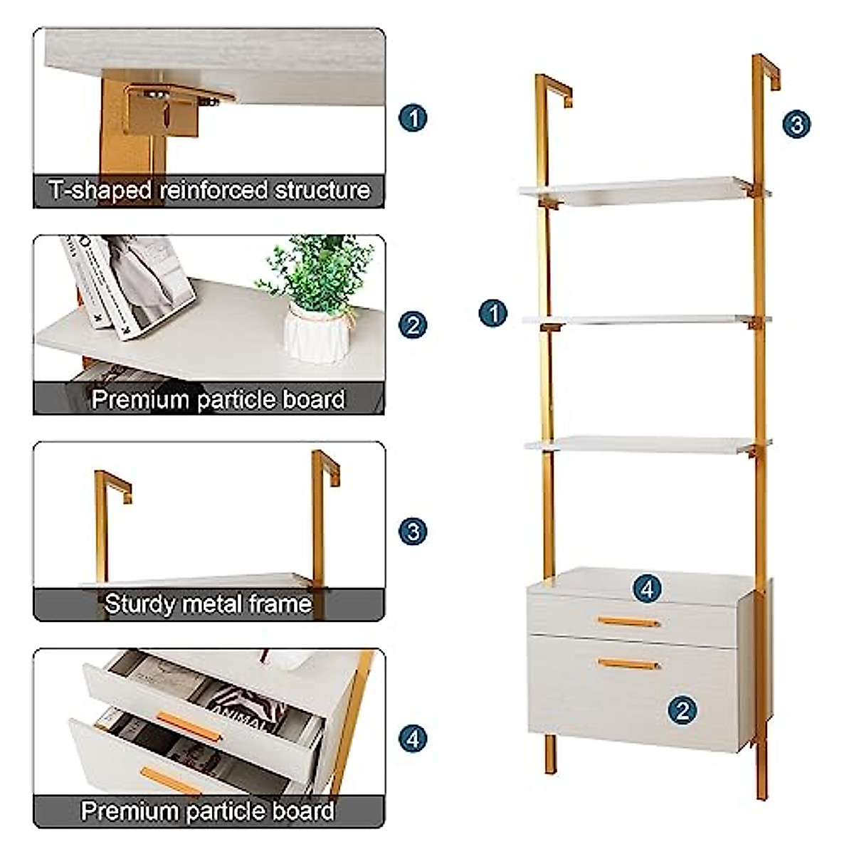 ELECWISH Ladder Shelf Wall Mounted Bookshelf with Drawers Bookcase 3 Tier Open Shelves, Open Storage Shelves Storage Rack with Metal Frame for Home, Living Room, Home Office (White)