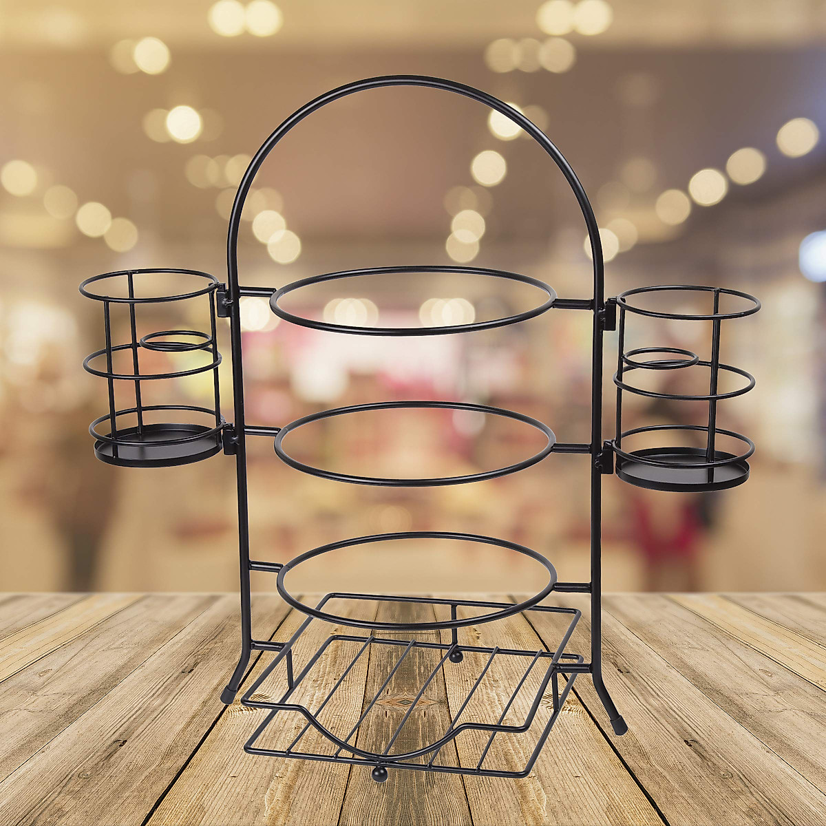 Creative Home 3-Tier Plate Rack Napkin Holder Buffet Caddy Storage Organizer with Removable Flatware Utensil Holder, Black