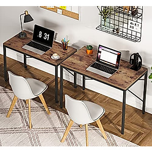 Tribesigns Two Person Computer Desk Double, 39" Simple Small Desks for Small Spaces, Large Writing Workstation + Modern Mini Table on Wheels Lockable, Home Office Desks for Bedroom Farmhouse Brown