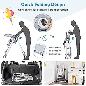 BABY JOY Baby High Chair, Folding Highchair w/ 4 Wheels, One-Step Brake, Removable Double Trays, Detachable PU, Flip-up Armrests, Adjustable Height, Backrest & Footrest for Infants & Toddlers (Gray)